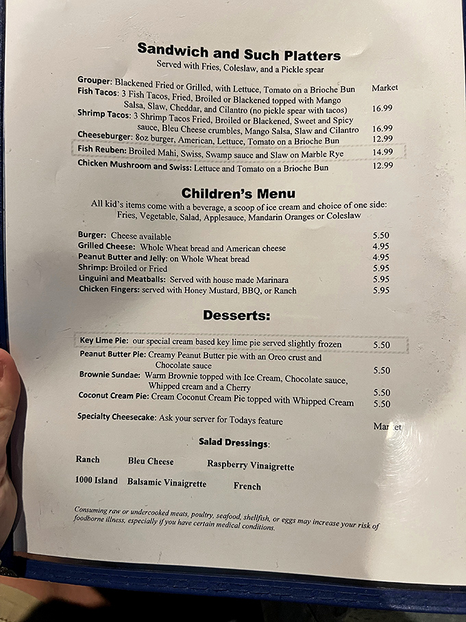 This menu isn't just a list of dishes—it's a treasure map to seafood nirvana. The Fish Reuben alone is worth the drive from Tampa.