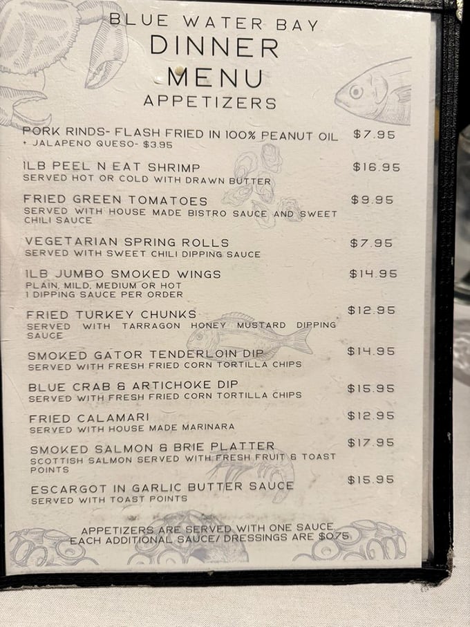This menu reads like a love letter to Florida's waters. Smoked gator tenderloin dip? Now we're talking authentic Sunshine State cuisine!