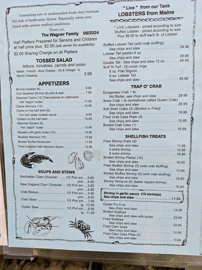 A menu that reads like poetry to seafood lovers. Notice how "sea chips and slaw" appears with delightful consistency alongside nearly every entrée.
