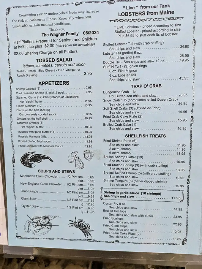 A menu that reads like poetry to seafood lovers. Notice how "sea chips and slaw" appears with delightful consistency alongside nearly every entrée.