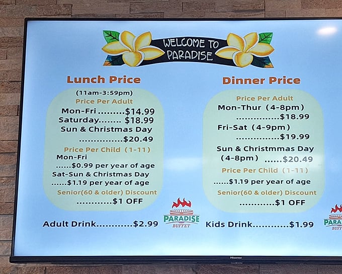 The pricing board at Paradise Buffet—possibly the only menu in Los Angeles where inflation seems to have taken a welcome vacation.