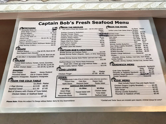 The menu at Captain Bob's reads like a love letter to the ocean. So many choices, you might need a lighthouse to navigate your way to dinner.