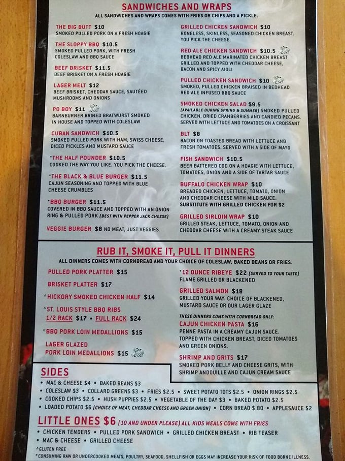 This menu isn't just a list—it's a roadmap to happiness. Choosing between "The Big Butt" and St. Louis ribs might be the most delicious dilemma you'll face all week.