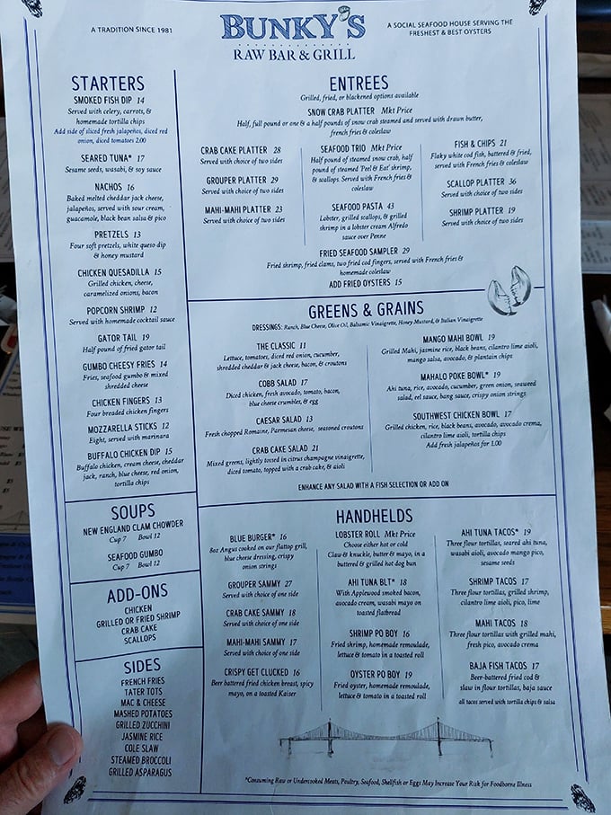 This menu isn't just a list of dishes—it's a maritime treasure map where X marks the spot for that legendary lobster roll.