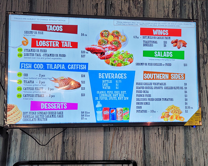 A menu that cuts to the chase—seafood done right, without fancy descriptions or pretentious chef-speak. Just point and prepare for deliciousness.