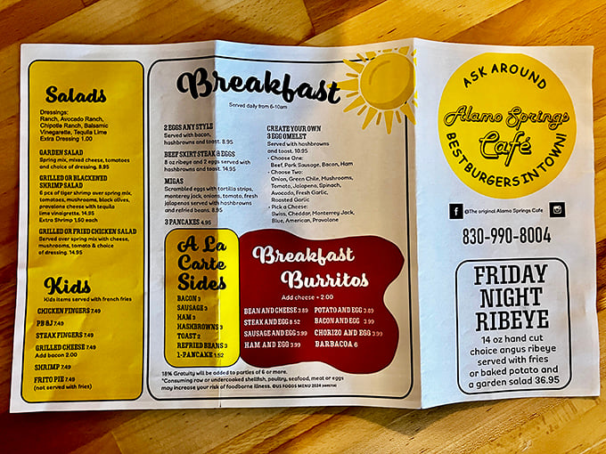 The menu reads like a love letter to Texas appetites. Breakfast burritos, hand-cut ribeyes, and those legendary burgers await.