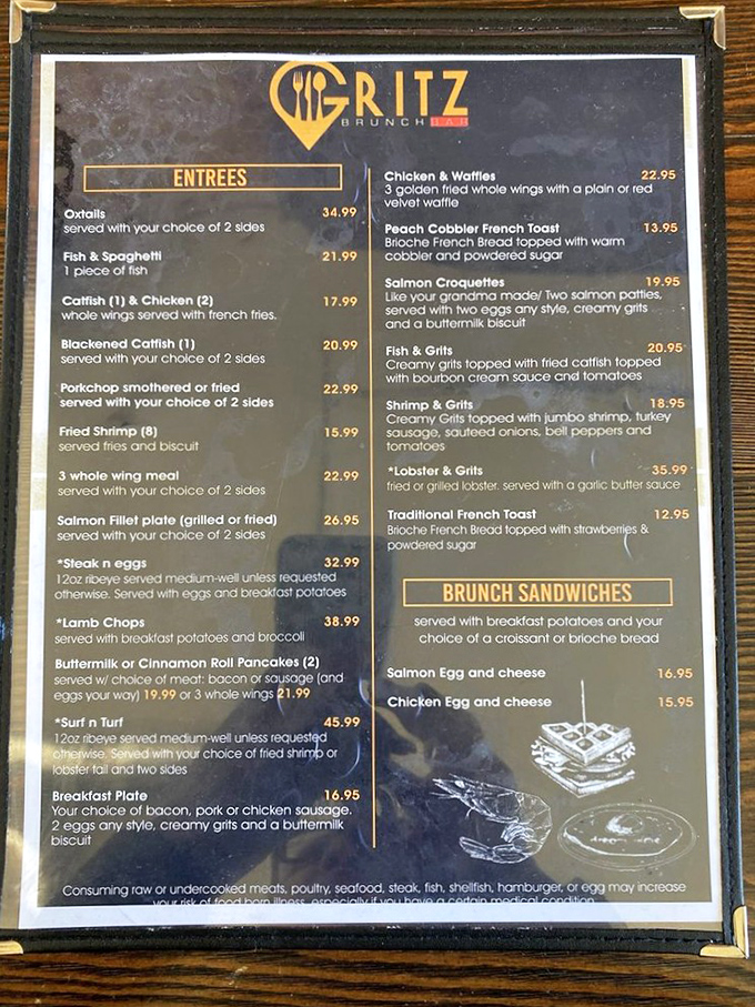 The menu reads like a love letter to Southern cuisine—where deciding between salmon and chicken with red velvet waffles becomes life's hardest choice.