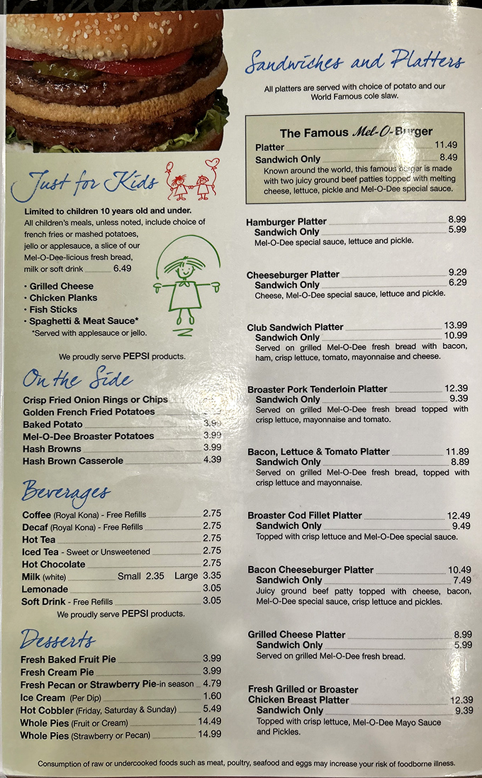 A menu that tells the whole story: "Famous Mel-O-Burger" isn't marketing hyperbole—it's a promise kept with every order.