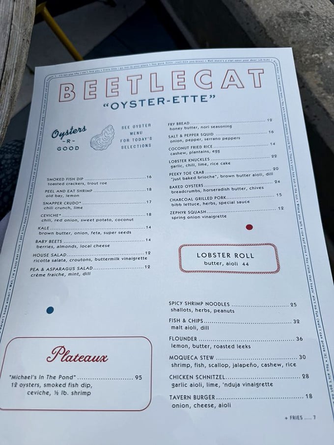 This menu isn't just a list—it's a maritime treasure map. The lobster roll commands its own special box for good reason.