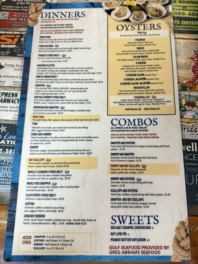This menu isn't just a list—it's a treasure map to Gulf Coast delicacies where every "Market Price" promises an adventure worth taking.