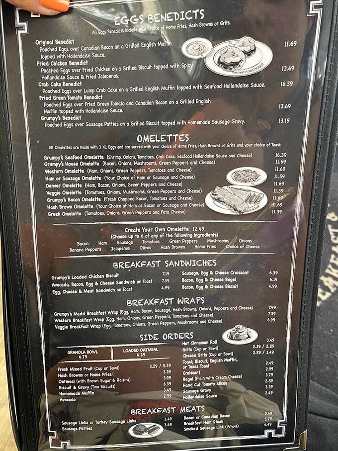 A menu that reads like breakfast poetry. Each benedict and omelet option promises a morning adventure worth setting the alarm for.