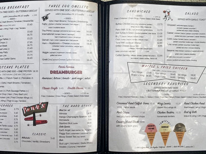The Dreamburger isn't just a clever name—it's a promise. This menu reads like a love letter to American comfort food classics.