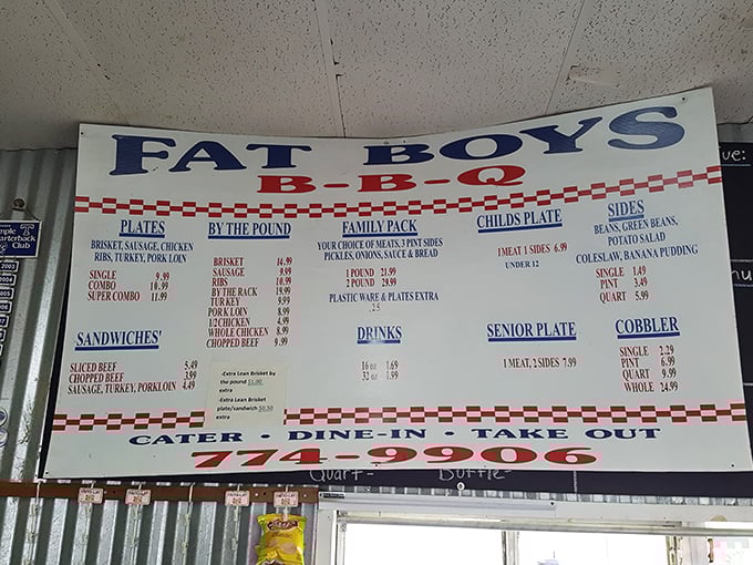 The menu board at Fat Boy's speaks the universal language of Texas BBQ – straightforward options with no pretense, just promise.