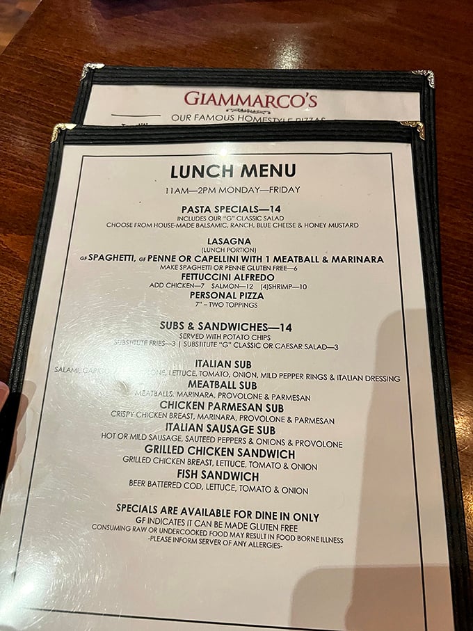 The lunch menu reads like a love letter to Italian classics. No need for fancy descriptions when the words "lasagna" and "meatball sub" already make your stomach growl.