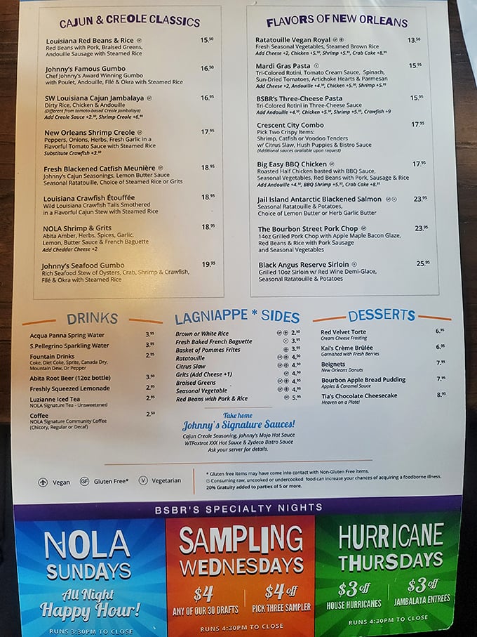 This menu isn't just reading material—it's a treasure map where X marks the jambalaya. The holy trinity of Cajun cooking appears in almost every savory offering.