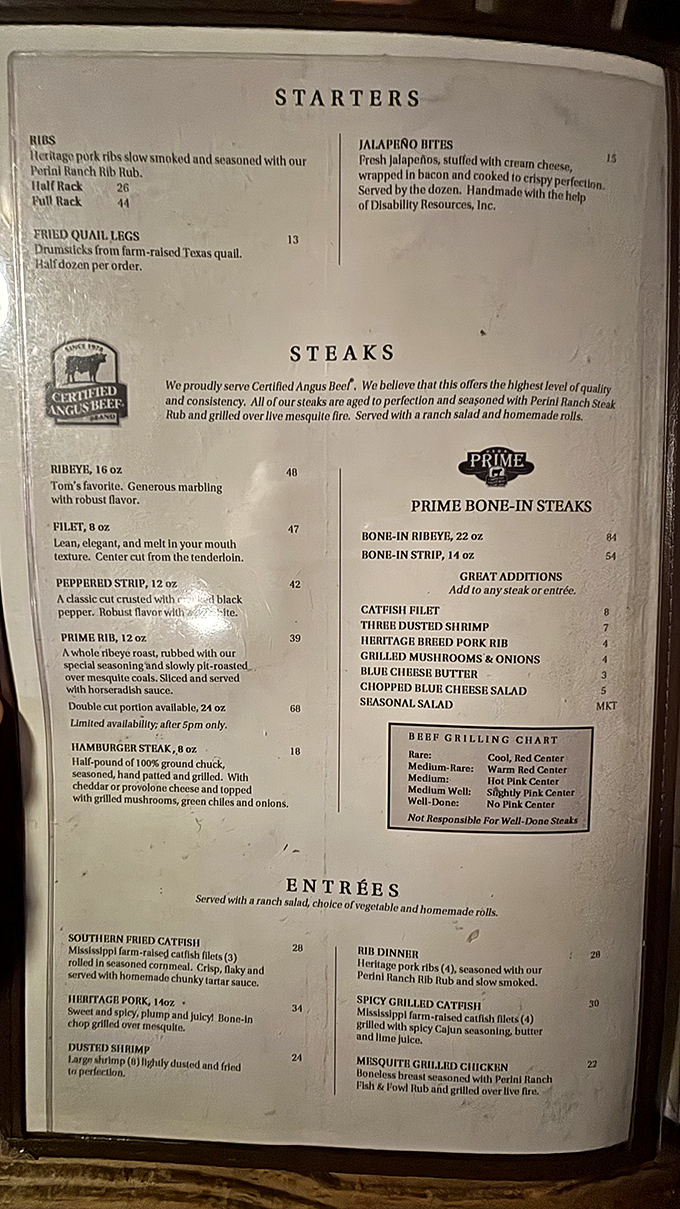 A menu that reads like poetry to carnivores. Notice they're "not responsible for well-done steaks"—a philosophy that should extend to life itself.
