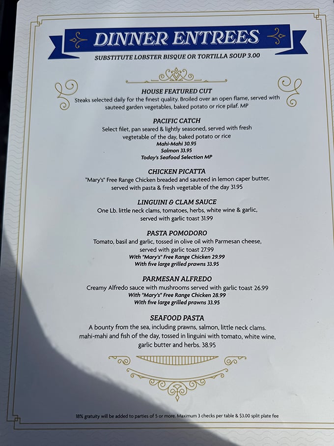 This isn't just a menu—it's a maritime treasure map where X marks the spot for seafood that was likely swimming this morning.