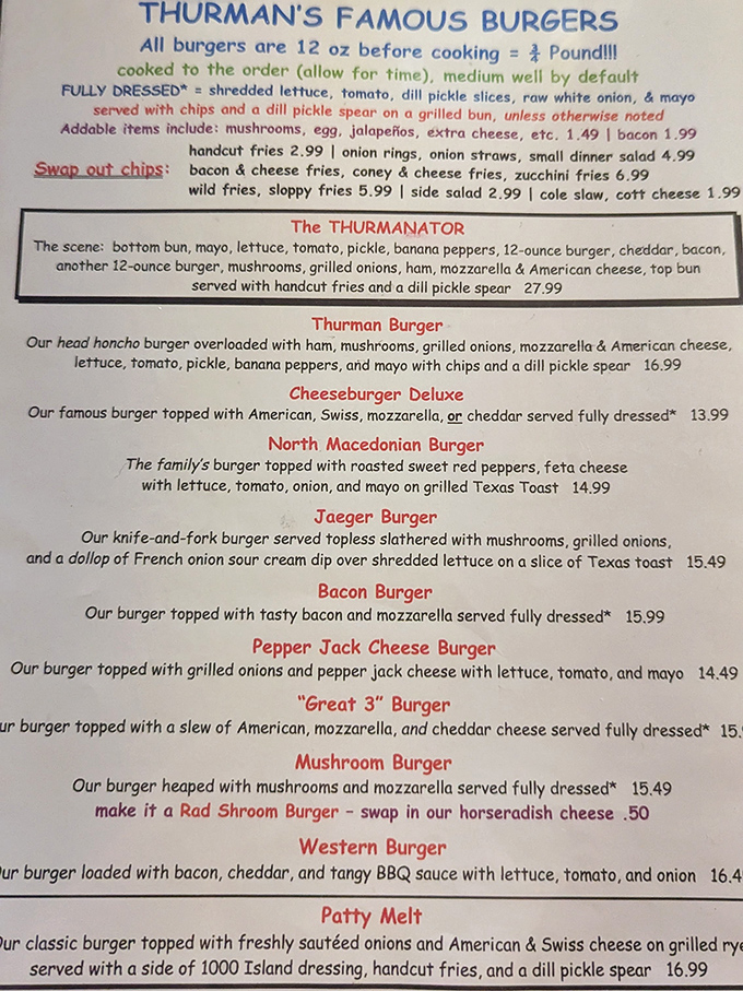 The menu reads like a declaration of burger independence. "We hold these truths to be self-evident: all burgers are created at three-quarters of a pound."