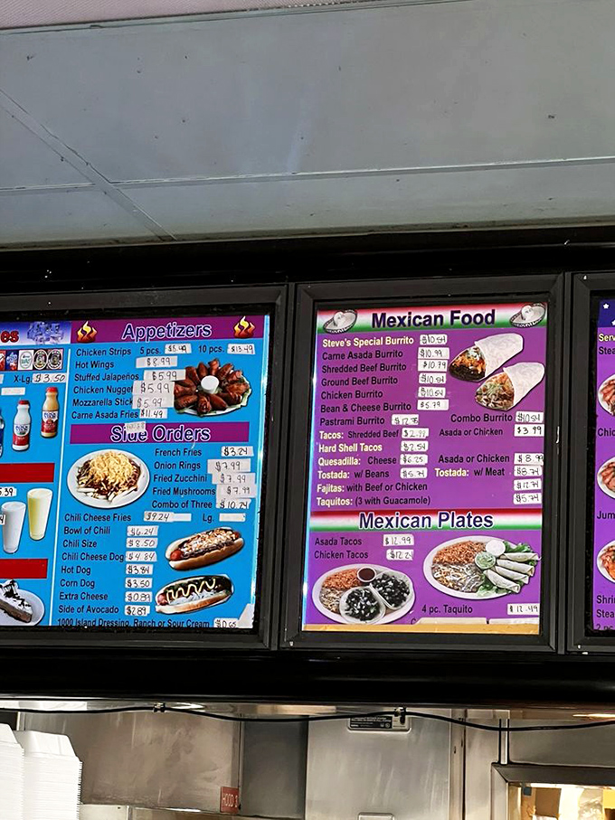 The menu board—a colorful roadmap to culinary bliss. Mexican specialties share space with classic American fare, proving diversity tastes delicious.