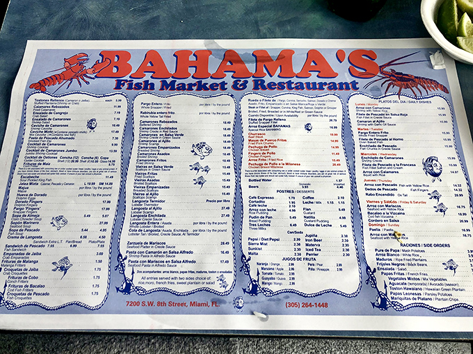A menu so extensive it could double as a marine biology textbook. The blue-bordered treasure map to your next favorite meal awaits.