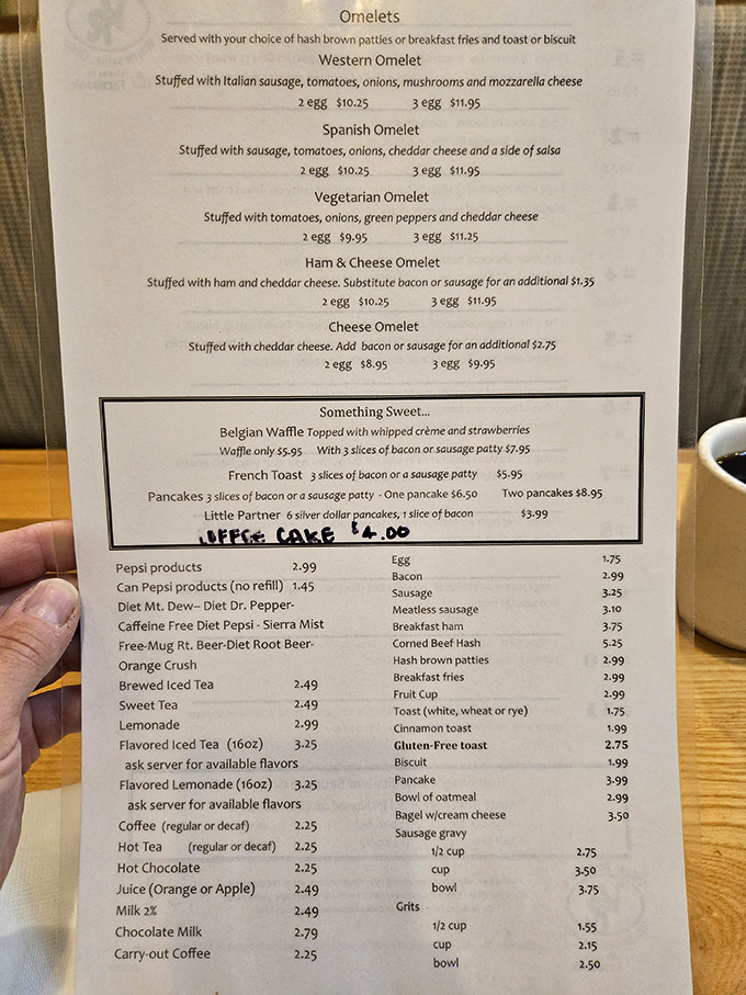 This menu is like a roadmap to happiness. The $8.95 cheese omelet might be the best financial decision you'll make all week.