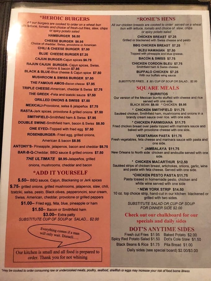This menu isn't just food options—it's a roadmap to happiness. The "Heroic Burgers" section alone deserves its own documentary series.