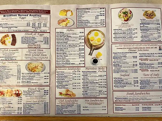 This menu isn't just laminated paper—it's a roadmap to happiness with breakfast served anytime, because pancakes at 3pm is sometimes the only rational response to life.