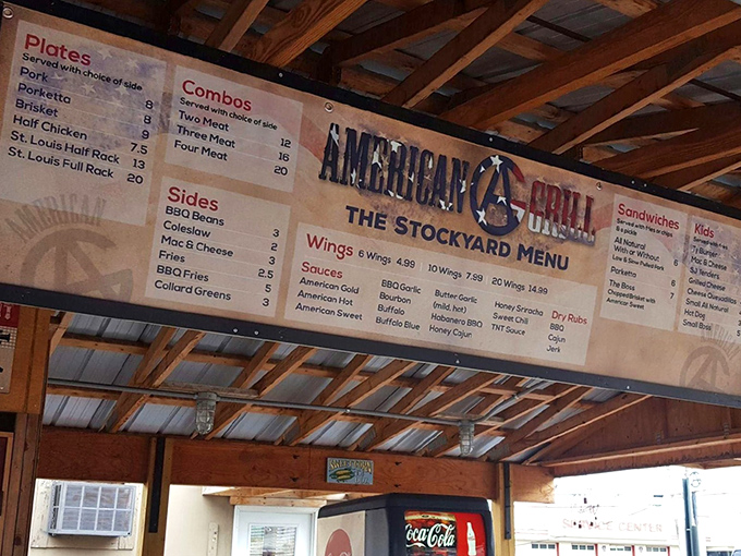 The overhead menu board speaks the universal language of BBQ lovers. No fancy descriptions needed when the food does all the talking.