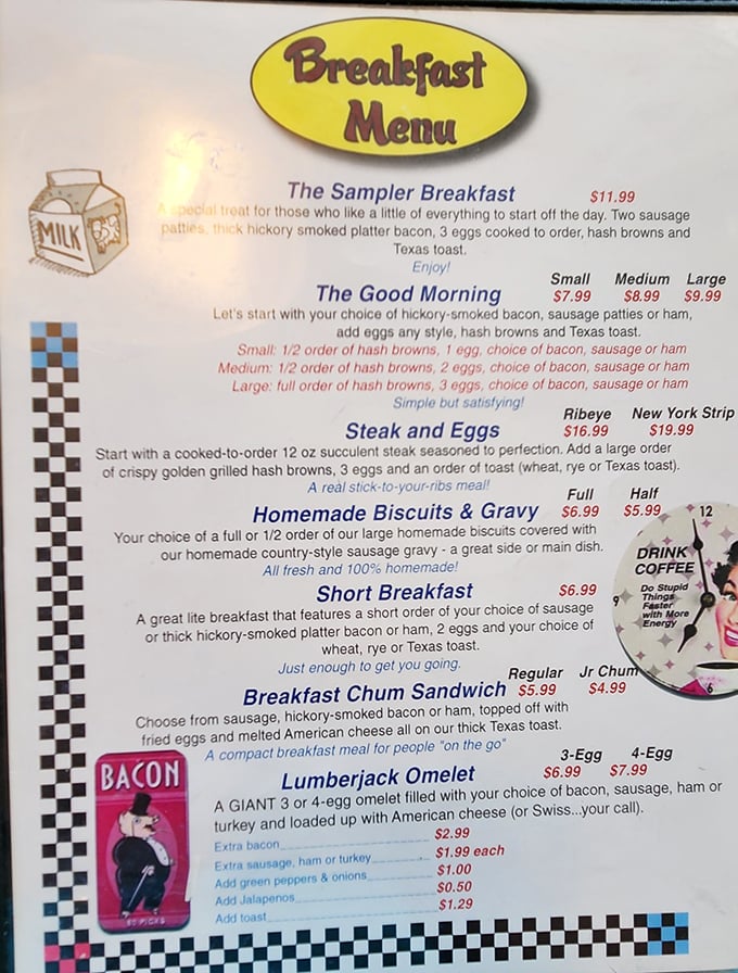 The breakfast menu reads like a love letter to morning indulgence. The Sampler Breakfast isn't just a meal – it's a commitment to starting your day right.