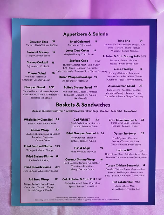 This menu isn't just a list—it's a treasure map to seafood paradise. From Grouper Bites to Hot Lobster Rolls, choosing just one item might be your biggest challenge.