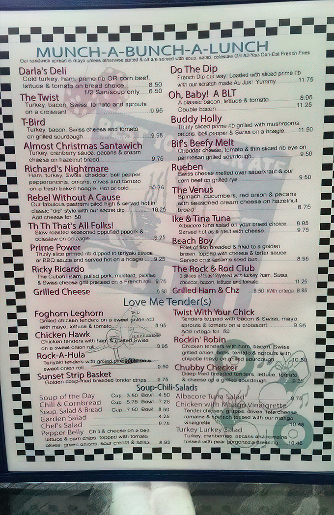 This isn't just a menu—it's rock and roll history on paper. "Buddy Holly" and "Rebel Without A Cause" aren't just icons, they're lunch options!