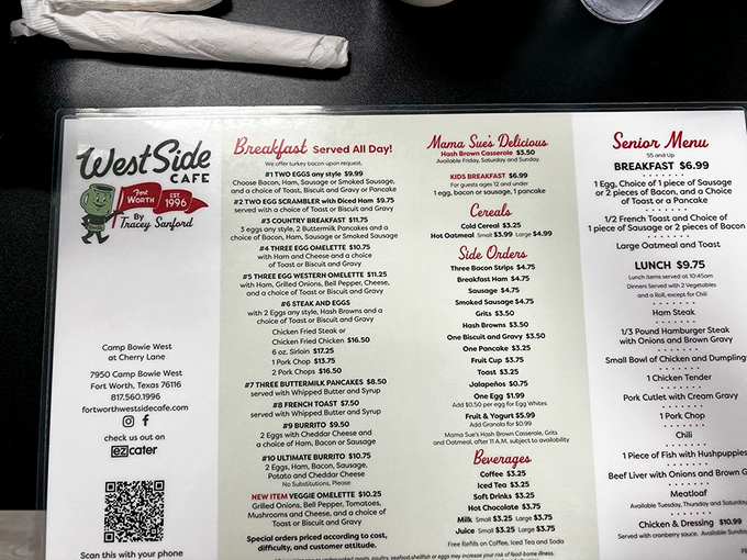A menu that reads like a love letter to comfort food classics—breakfast all day is always the sign of a place that understands life's true priorities.