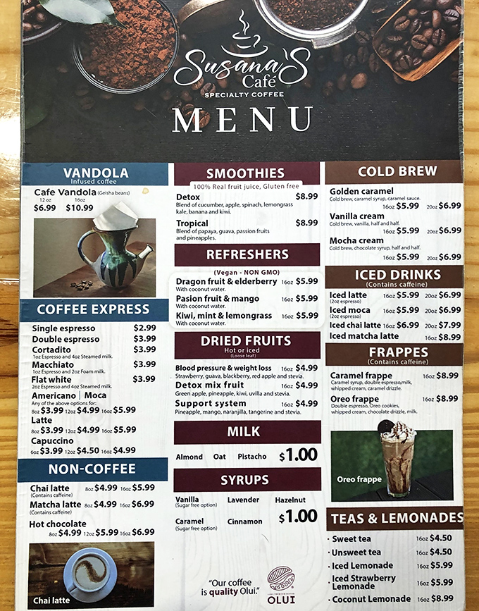 This menu isn't just a list of options—it's a roadmap to caffeinated bliss. The dried fruit section is clearly for those pretending to be healthy.