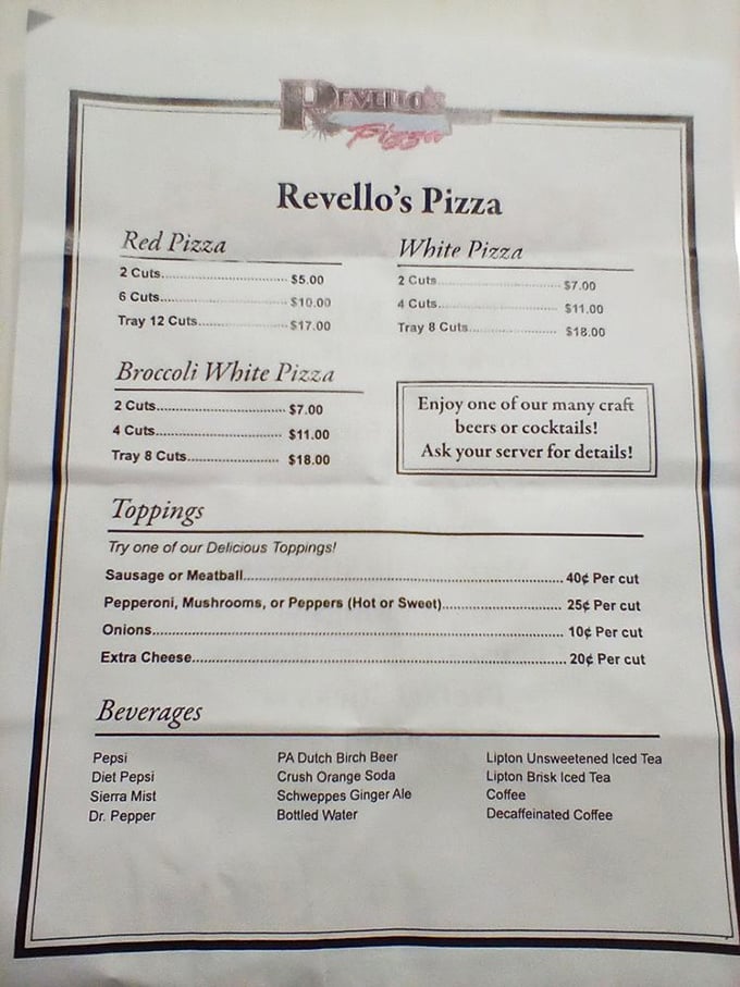 The menu reads like poetry to pizza lovers—"cuts" not slices, "trays" not pies. Old Forge speaks its own delicious language.
