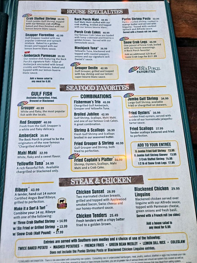 The menu reads like a love letter to the Gulf—where seafood reigns supreme but that chicken sandwich is the plot twist nobody saw coming.