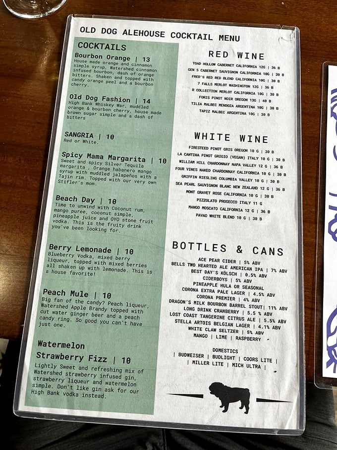 The cocktail menu reads like a roadmap to happiness. From the Old Dog Fashion to the Spicy Mama Margarita, each drink tells its own delicious story.