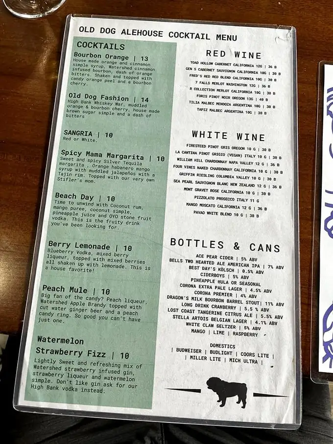 The cocktail menu reads like a roadmap to happiness. From the Old Dog Fashion to the Spicy Mama Margarita, each drink tells its own delicious story.