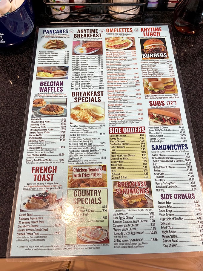 This menu isn't just a list of food—it's a roadmap to happiness. The hardest journey is deciding between the French toast and, well, everything else.