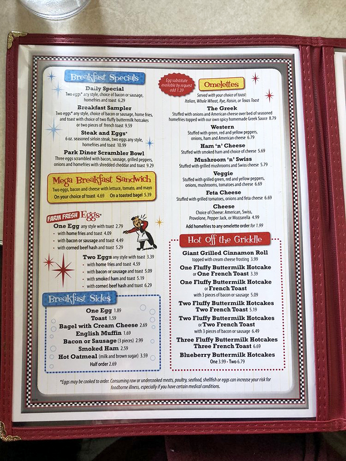 This menu isn't trying to reinvent the wheel—it's perfecting it with breakfast classics and that legendary Giant Grilled Cinnamon Roll that keeps locals coming back.