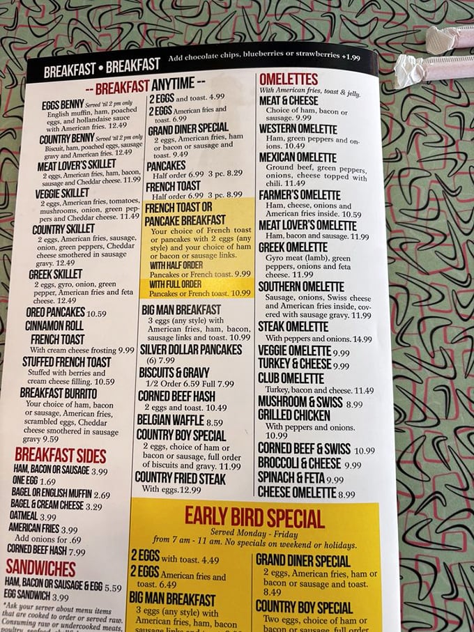The menu reads like a love letter to American comfort food. Decisions, decisions—though that Southern Omelet is calling your name.