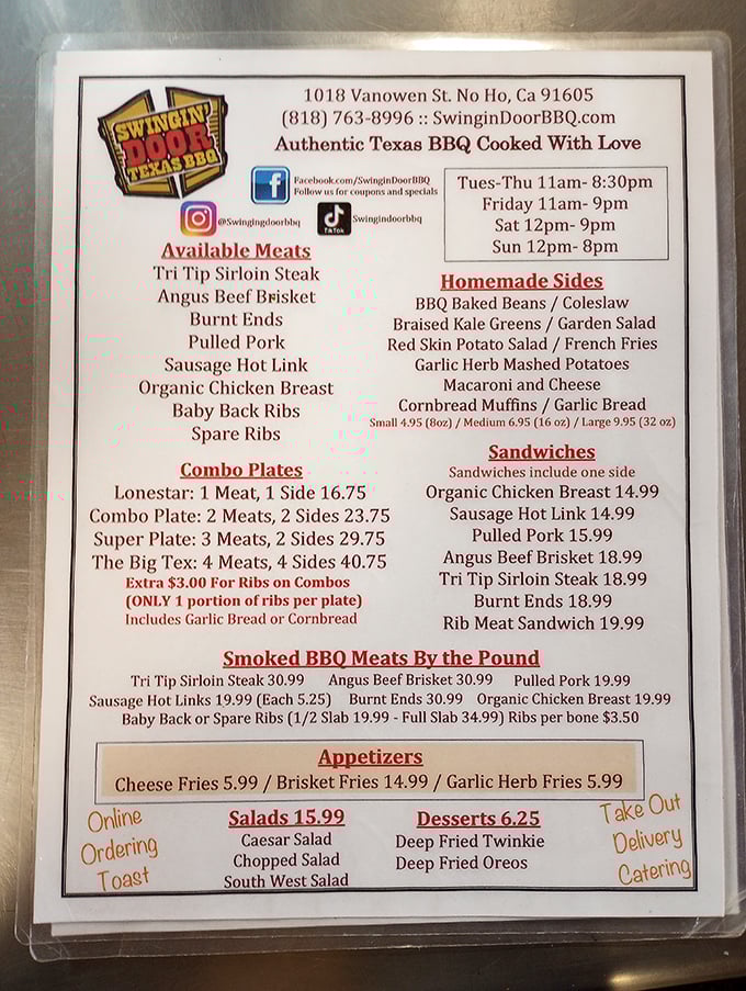 This menu isn't just a list—it's a roadmap to carnivore paradise. The Big Tex combo isn't for the faint of heart (or small of stomach).