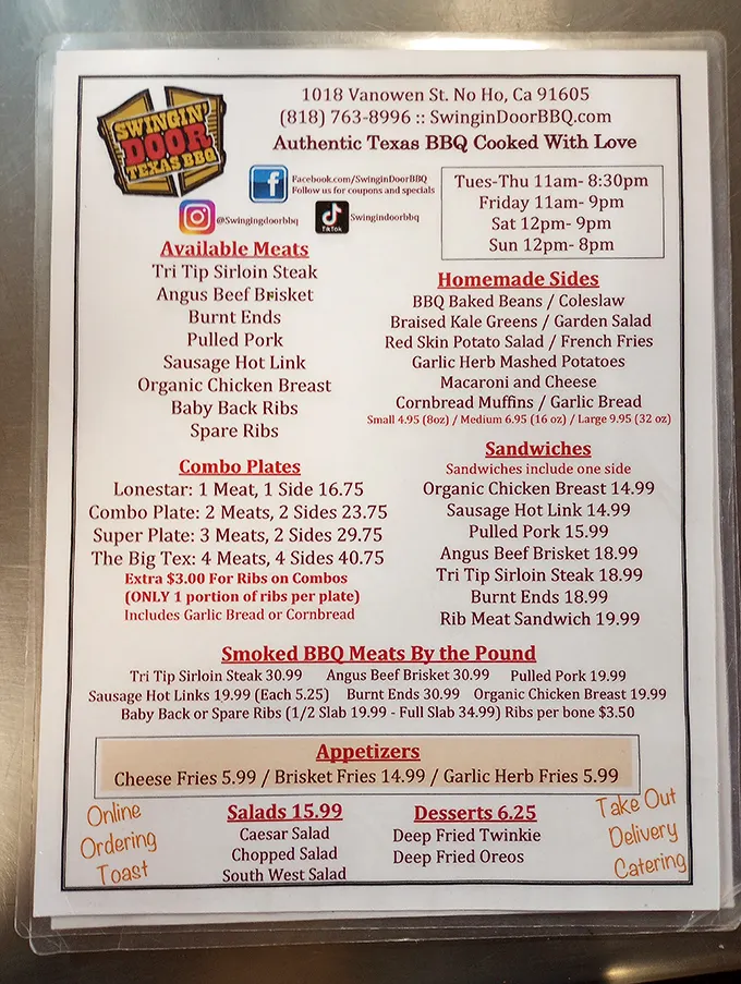 This menu isn't just a list—it's a roadmap to carnivore paradise. The Big Tex combo isn't for the faint of heart (or small of stomach).