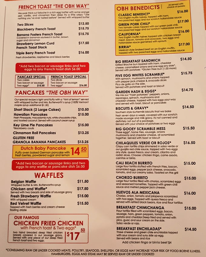 The menu reads like a love letter to breakfast enthusiasts. French toast "the OBH way" isn't just a meal—it's a morning manifesto.