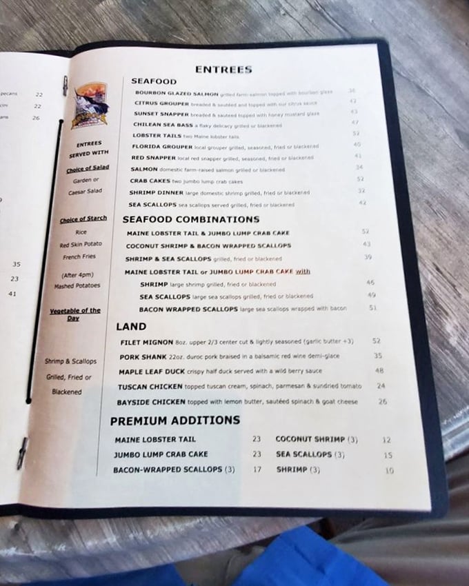This menu isn't just a list—it's a maritime treasure map where X marks the spot for Maine lobster tails and bacon-wrapped scallops.