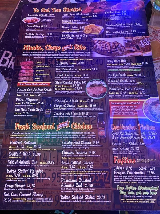 This menu reads like a carnivore's love letter, promising portions that satisfy ambitious appetites.