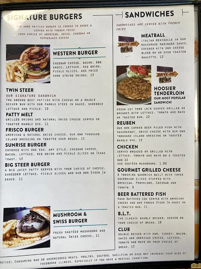A menu that reads like a love letter to Midwest comfort food, with the famous Hoosier Tenderloin taking center stage.
