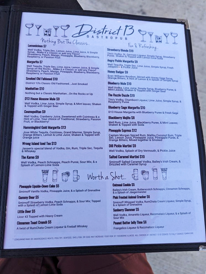 A cocktail menu that reads like a personality test – will you play it safe with "Nothing But The Classics" or dive into an "Angry Pickle Margarita"?