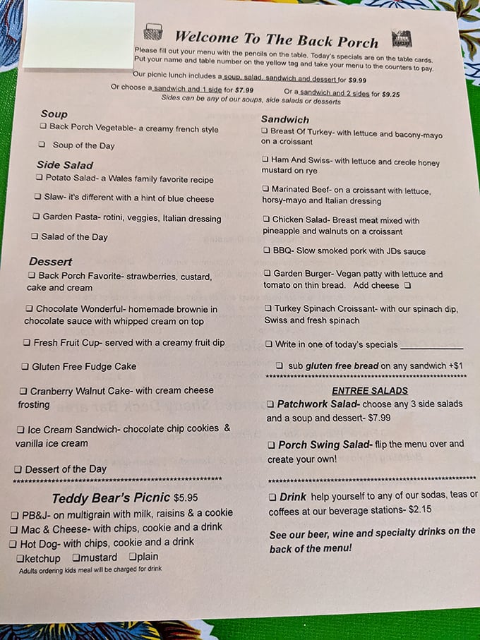 The menu reads like a love letter to homestyle cooking, where pencil marks on paper begin a culinary adventure worth writing home about.