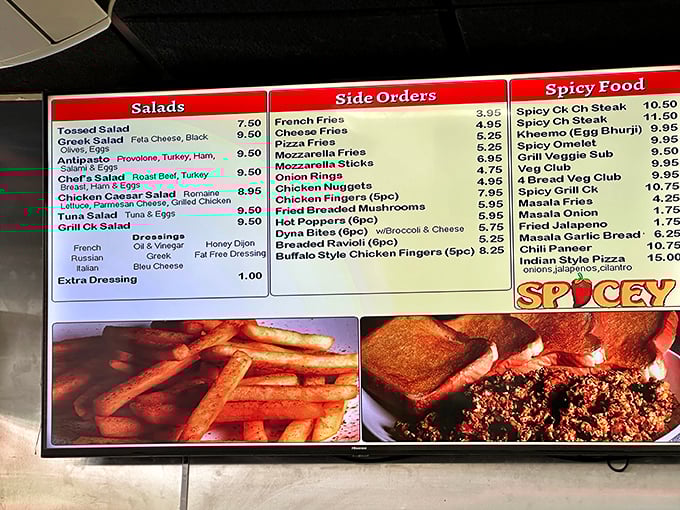 The menu board tells the whole story – look closely at "Spicy Food" and you'll spot the star: Indian Style Pizza, where two culinary worlds collide deliciously.