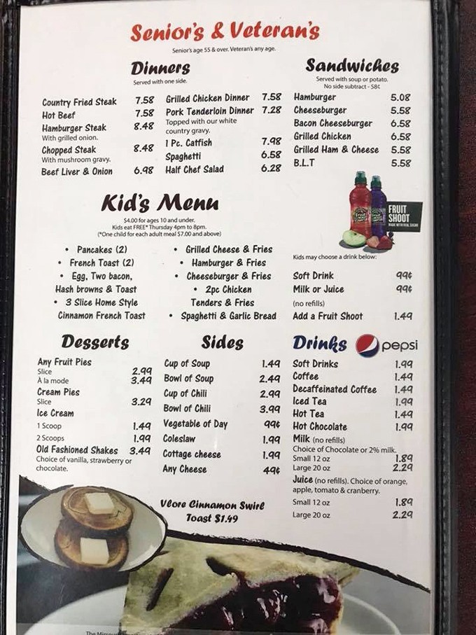 A menu that speaks the universal language of comfort food. Notice how there's not a single kale salad or avocado toast in sight—just honest Midwestern favorites.